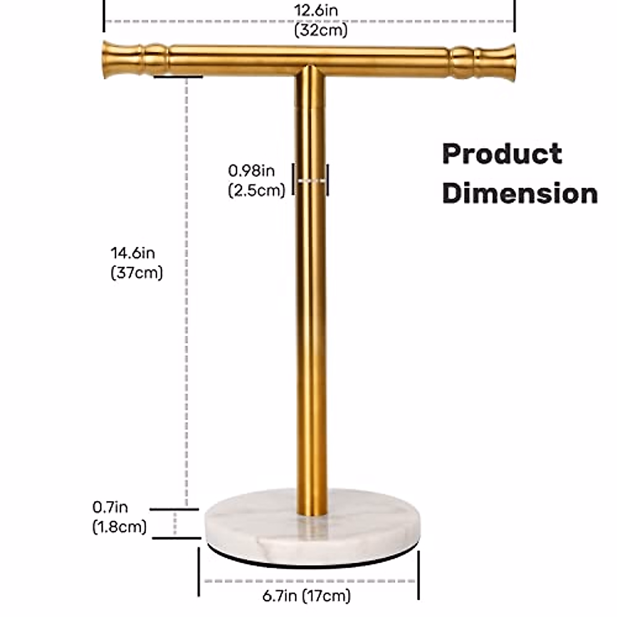 Luxmay Towel Rack with Natural Marble Base T-Shape Hand Towel Holder Stand SUS304 Stainless Steel for Bathroom Vanity Countertop (Gold Brushed)
