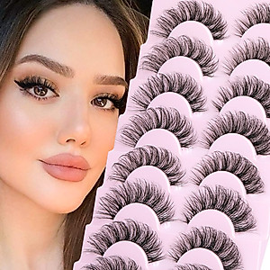 Natural lashes mink cat eye fluffy false lashes D curl Russian strip lashes extension clear band wispy curly fake eyelashes pack 8 pairs