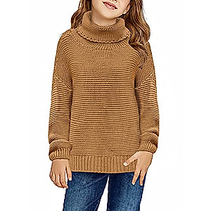 Dokotoo Girls Winter Warm Cute Turtleneck Long Sleeve Sweaters Comfy Chunky Knit Solid Color Pullover Kids Sweater Tops 2024 Fashion Khaki 8-9 Years