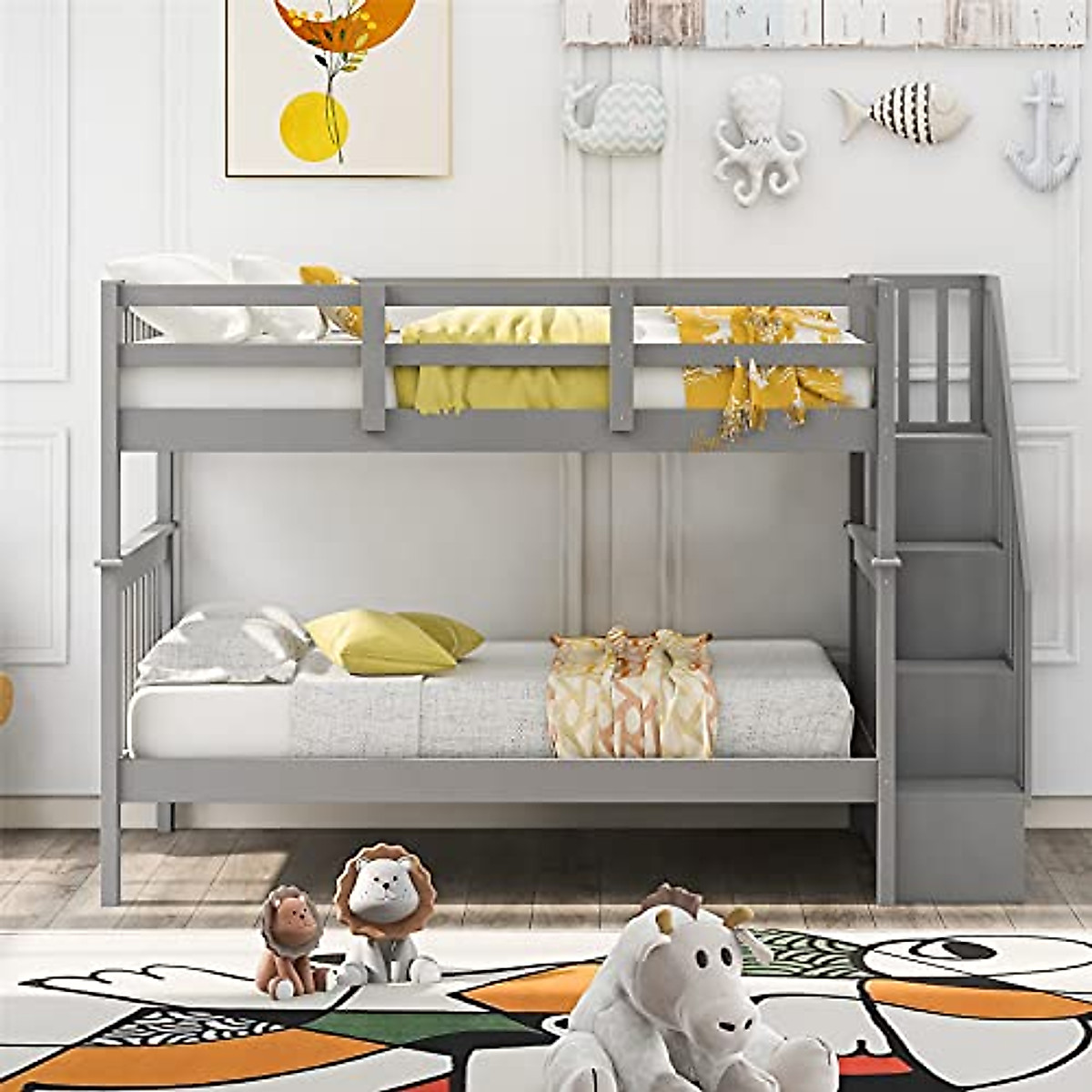 Harper & Bright Designs Twin Over Twin Bunk Beds with Stairs Wood Bunk Bed Frame with Storage Shelves for Kids Boys Girls Teens, Can be Divided into 2 Beds, Gray