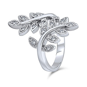 Bling Jewelry Nature Ivy Vine Leaf Fashion Statement Ring For Women Cubic Zirconia Pave CZ Bypass Silver Plated Brass