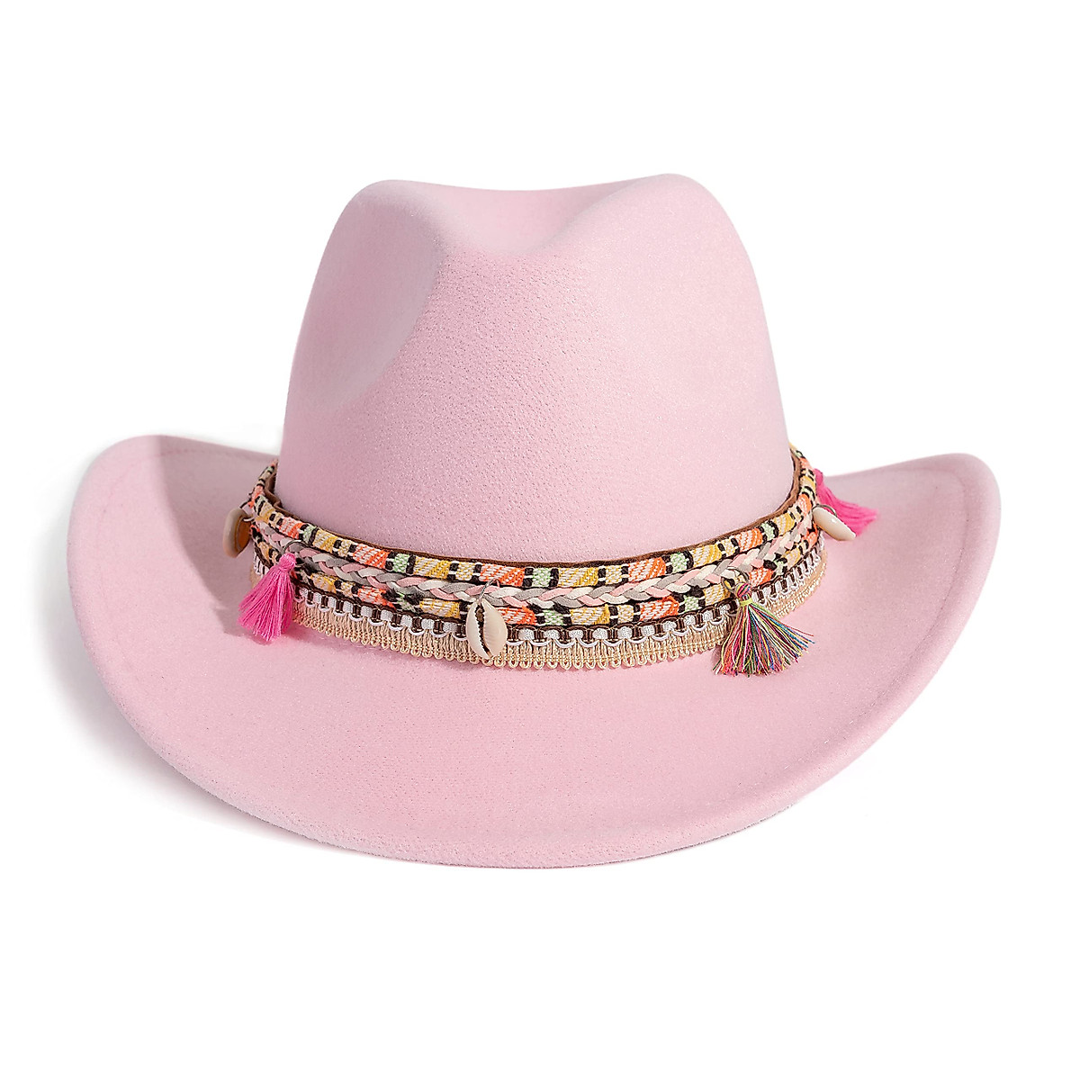 Gossifan Women Men Western Cowboy Cowgirl Hat Fedora Hat with Belt-Tassel Pink