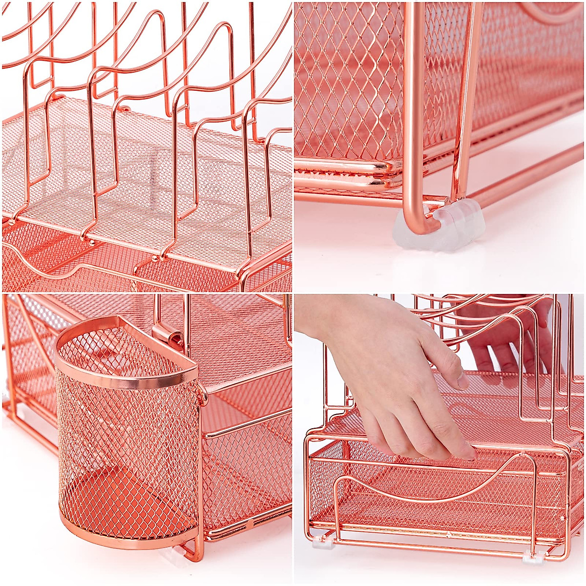 ARCOBIS Rose Gold Desk File Organizer for Women, Desk Organizers and Accessories with Pen Holder & Sliding Drawer & Vertical File Folder Sorters, Cute Desktop File Holder for Office Supplies