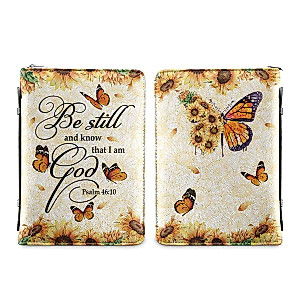 Be Still and Know That I Am God Butterfly Sunflower Psalm 46 10 Christian Gifts Custom Book Bible Cover Premium Faux or Top Grain Leather