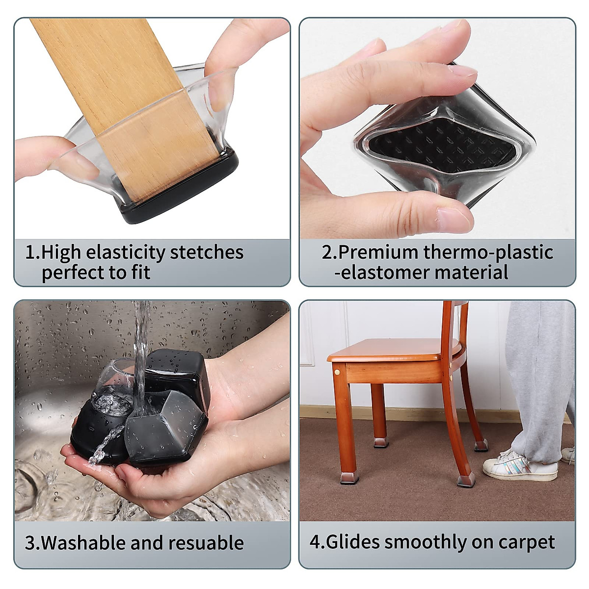 24 PCS Extra Large Clear Chair Leg Sliders for Carpet, Square Chair Glides Carpet, Teflon Furniture Pads, Chair Leg Floor Protectors Caps for Carpet, Table Chair Leg Cups Covers (Fit 1.45" - 2")