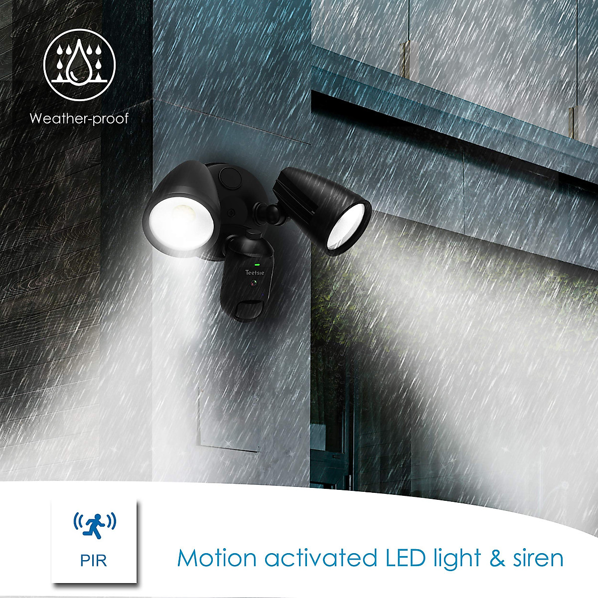 Teetsie Floodlight Camera Hardwired Motion Sensor Outdoor Light with 1080P WiFi Home Security Cam Alexa IP65 Waterproof 2500 lm Night Vision App for Phone 2-Way Audio Siren Alarm MicroSD/Cloud Storage