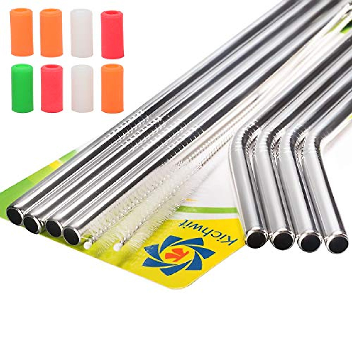 Kichwit Extra Long Stainless Steel Straws Set of 8, Reusable Wide Straws for Smoothies, 10.5 Inches Long, 5/16" Wide, Metal Drinking Straws, 2 Cleaning Brushes Included