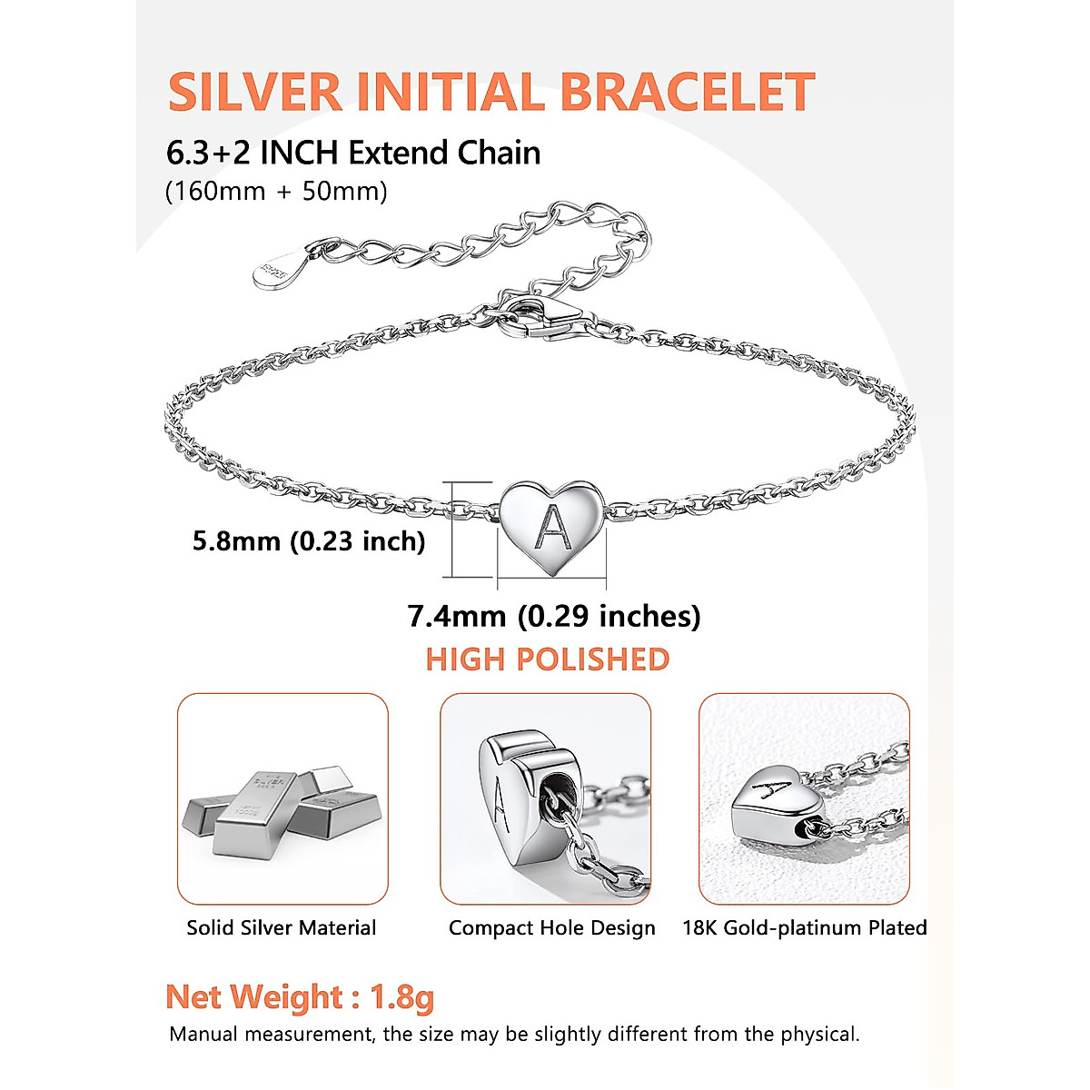 Sterling Silver Heart Letter A Bracelets Silver Initial 18K White Gold Plated Bracelet Initial Charm Women Bracelet Jewelry