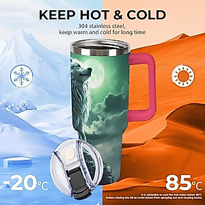 Wolf Full Moon 40 Oz Car Cup Stainless Steel Travel Mug Leak-Proof Insulated Tumbler with Handle Light Rose Red-style