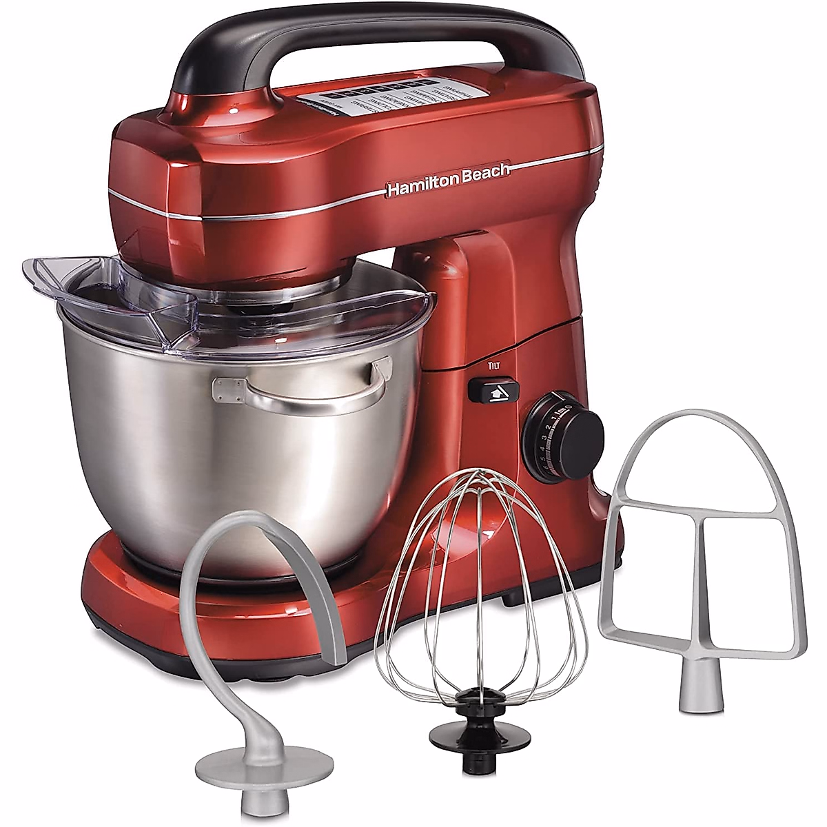 Hamilton Beach Electric Stand Mixer, 4 Quarts, Dough Hook, Flat Beater Attachments, Splash Guard 7 Speeds with Whisk, Red