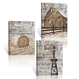 SiMiWOW Windmill Wall Decor Country Farmhouse Wall Art Barn Corn Field Windmill Painting Framed Canvas Prints Ready to Hang