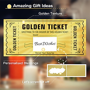 WenmthG 10 Sets Golden Ticket with Envelope, Scratch Card Surprise Gift Reveal, Card as Birthday Card Wedding Card Concert Ticket Cinema Voucher Raffle Gift