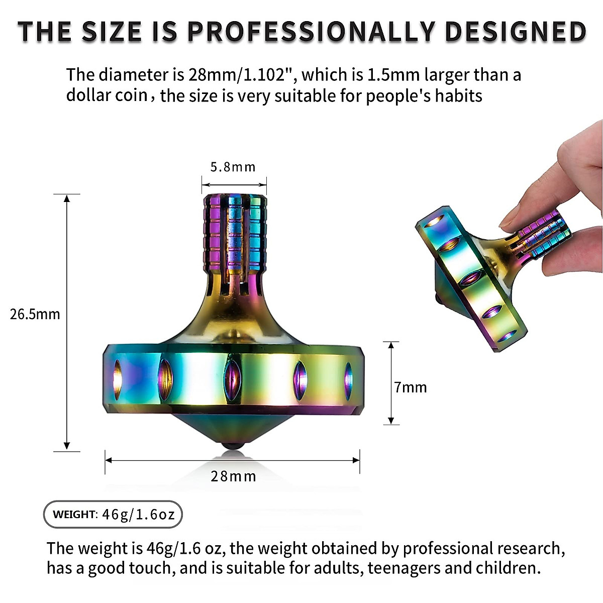 CHEETOP Precision Metal Spinning Top, Long Lasting Spin Time and Perfect Balance, Skilled Adult Easily Exceed 10 Mins, Portable Stainless Steel EDC Office Desktop Game Toys (M, Iridescent)