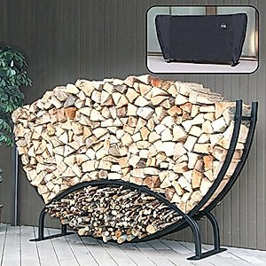 ShelterIt Round Firewood Log Rack with Kindling Wood Holder and Waterproof Cover, 8', Black