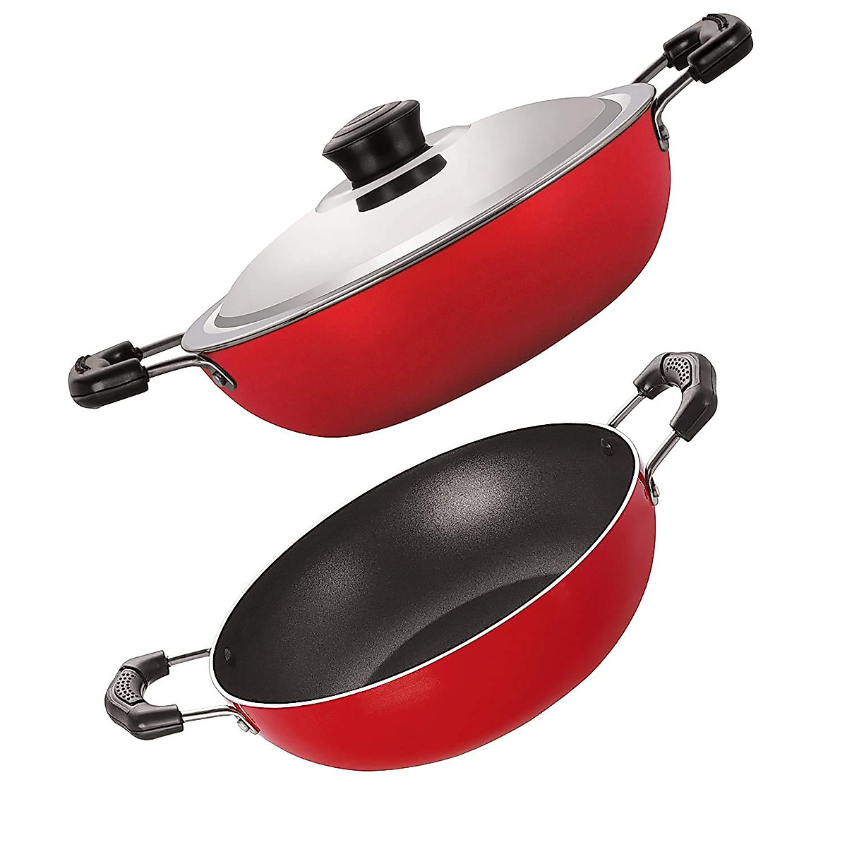 Non-Stick Coating Kadai / Fry Pan with Steel Lid 2.6 mm(Red) ,Valentine Day Gifts