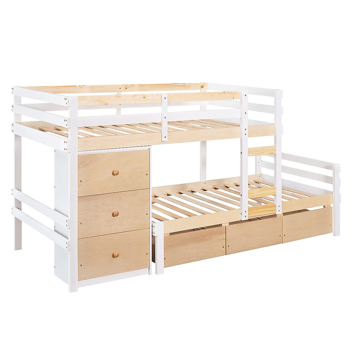 Bellemave Low Loft Bed with Storage Drawers and Dresser, Wood Twin Over Twin Bunk Bed Frame for 2 Kids, Modern Junior Loft Beds with Storage and Platform Bed for Boys Girls Teen,White With Natural