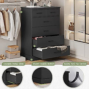 Hasuit 6 Drawer Dresser, Wood Storage Tower Clothes Organizer, Tall Chest of 6 Drawers, Large Storage Cabinet, Black Dresser for Bedroom, Hallway, Entryway