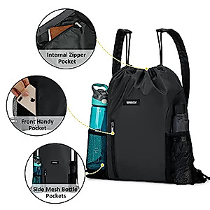 WANDF Drawstring Backpack with Shoulder Pad Sports Gym Backpack with Mesh Pocket String Bag for Women Men(Black)