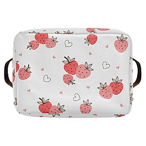 Qilmy Strawberry Pattern Storage Basket with Handles for Organizing, Collapsible Canvas Shelves Storage Bins for Home Closet Bedroom Living Room