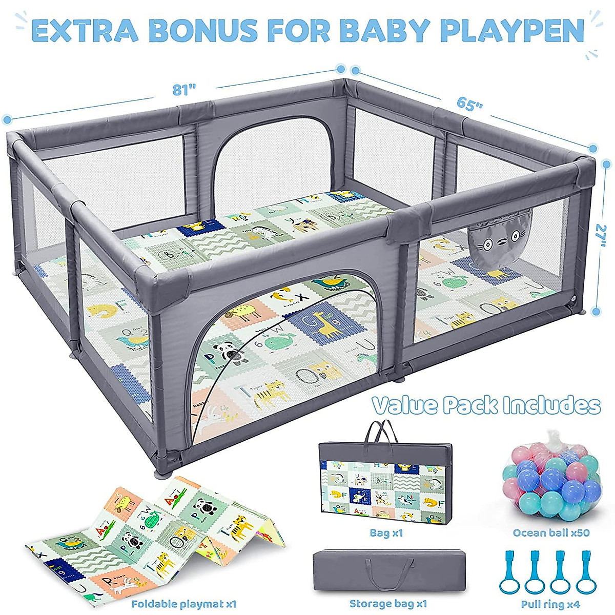 Extra Large Baby Playpen with Mat, playpen with 50 Pit Balls, Shock Absorbing Mat, Anti-Slip Suckers, 81'x65' Baby Play Yard with Gate, Play Pen for Babies and Toddlers Indoor Outdoor (Dark Gray)