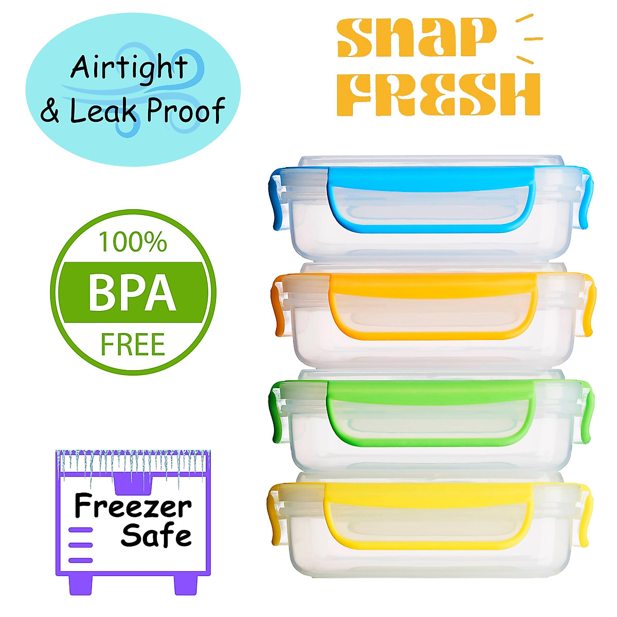 Snap Fresh - 4 Pack of Sandwich Containers (450 ml) - Reusable, BPA Free Plastic, Snap & Lock Shut Lids and Silicone Seal. Great for Fruit, Salad, Lunch Box Snacks and Food Storage; Kids and Adults