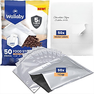 Wallaby 50 Count 1-Cup Mylar Bags with Labels, 10 Mil Total Thicker Long-Term Food Storage Pouches, 5x7 Heat-Sealable Airtight Packaging - Silver
