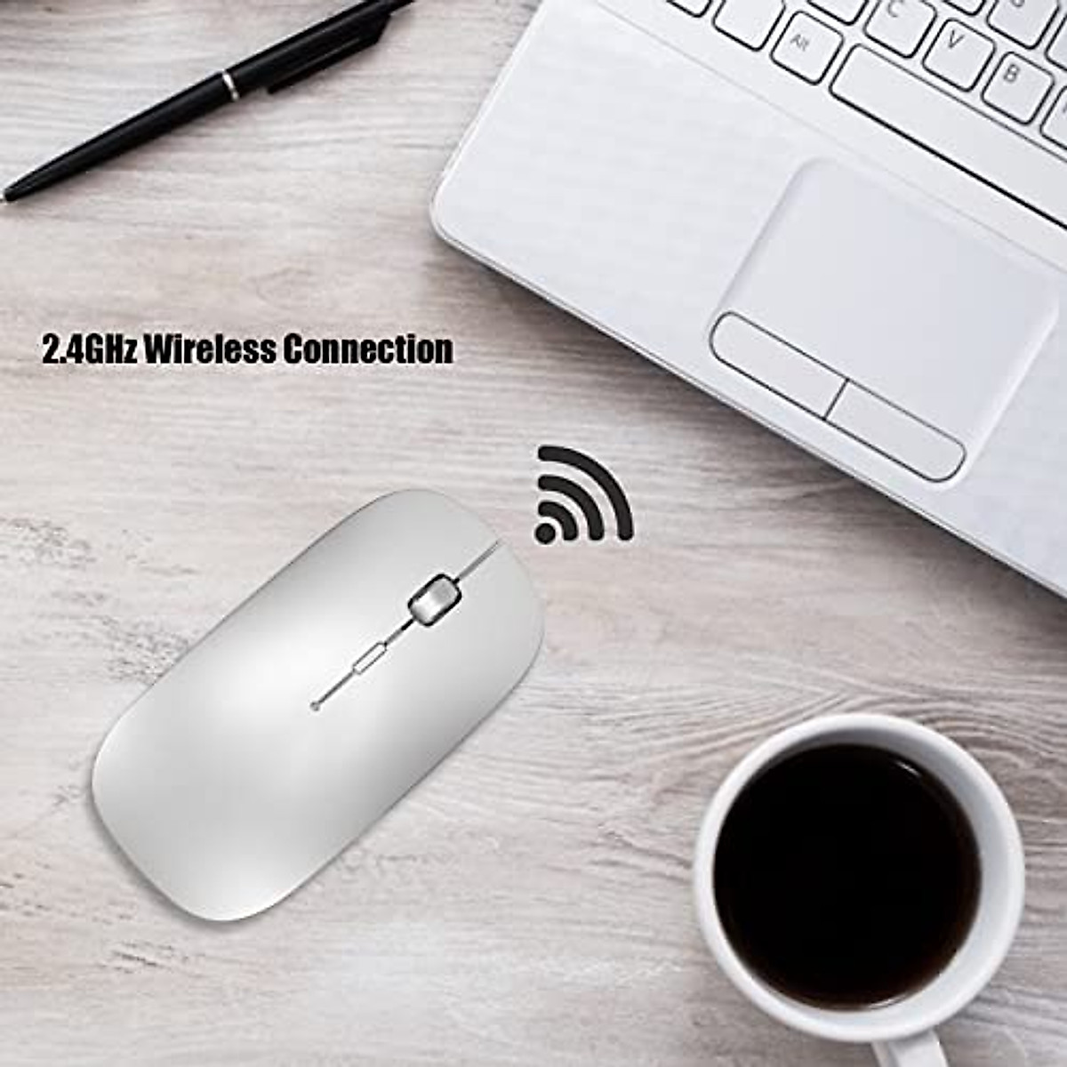 Wireless Mouse, Noiseless Optical Mouse BT 5.0 and 2.4GHz Wireless Connection 1000/1200/1600DPI Gaming Mice for Win/OS X/Android System(Silver Smooth)