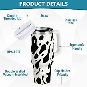 ARGTILDN 40 oz Tumbler Cow Print Spots Insulated Travel Mug with Handle and Straw Lid Stainless Steel Vacuum Coffee Cup Tea Beverage Container Water Bottles for Car Sports office