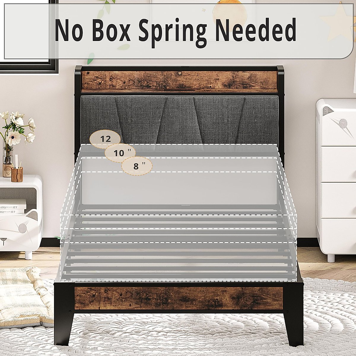 LIKIMIO Twin Bed Frames, Storage Headboard with Charging Station, Solid and Stable, Noise Free, No Box Spring Needed, Easy Assembly
