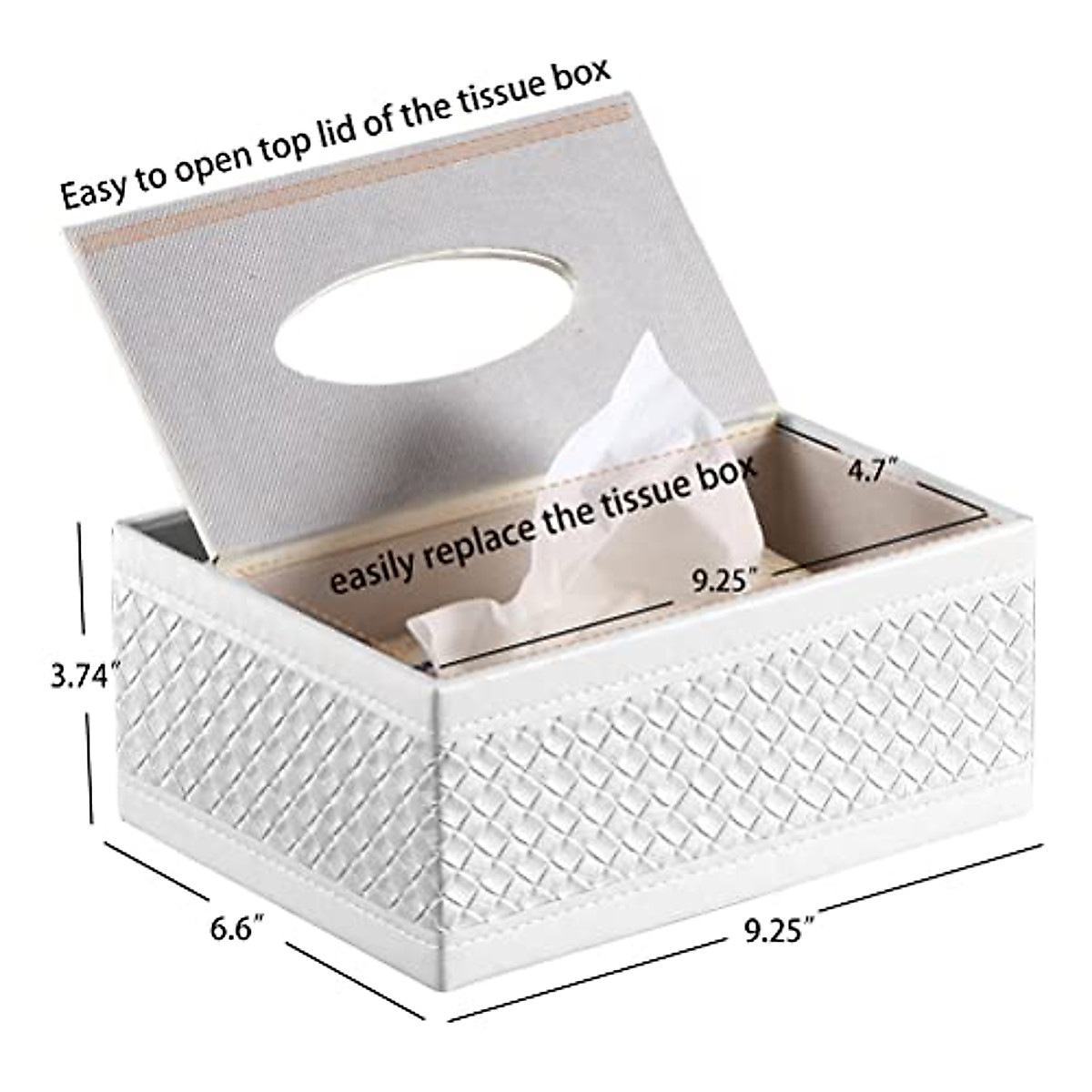 Rectangular Tissue Box Holder, PU Leather Braided Pattern Tissue Box Cover with Storage, Multifunctional Napkin Holder Tissue Dispenser Desk Organizer TV Remote, Phone, Glasses, for Home/Office Desk