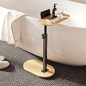 Ackitry Bamboo Bathtub Tray Table with 17-32 inch Adjustable Height, Liftable Freestanding Bath Caddy Tray for Tub Against Wall, Bathtub Side Table Shelf for Luxury Bath Home Spa Bathtub Accessories