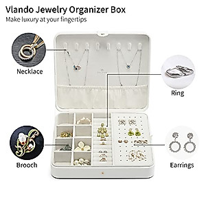 Vlando Travel Jewelry Case for Women - Portable Leather Jewelry Organizer Box for Necklace Earrings Ring Bracelet - Gifts for Teen, Girls, Moms and Daughters - White
