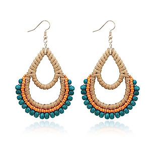 CALORVIA Bohemian Rattan Wooden Beads Handmade Teardrop Earrings Dangle Drop Jewelry for Women (Blue)