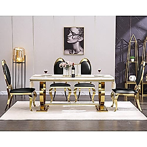 ACEDÉCOR 7-Piece Luxury Dining Room Table Set, Kitchen and Dining Room Set with 6 Black Leather Dining Chairs, White and Gold Dining Table with Stainless Steel Metal U-Base(1 Table+6 Chairs)