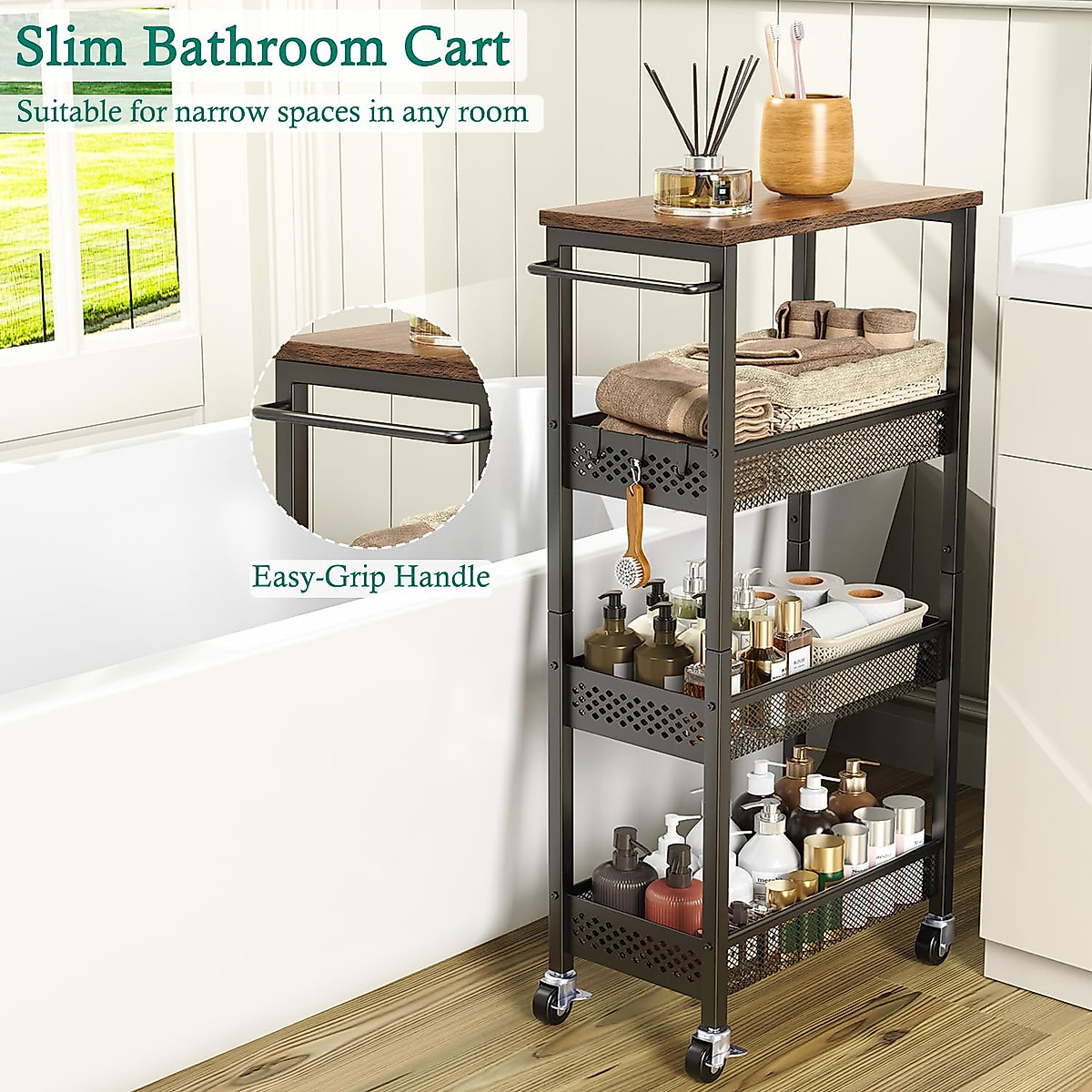 XYZLVSI Slim Storage Cart 4 Tier Fruit and Vegetable Baskets for Kitchen Small Space, Narrow Rolling Cart on Wheels with Wooden Top and Metal Handle for Pantry, Bathroom, Laundry Room