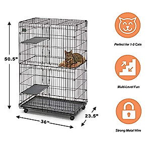 MidWest Homes for Pets Cat Playpen / Cat Cage Includes 3 Adjustable Resting Platforms, Removable Leak-Proof Pan, Easy 2-Door Top / Bottom Access & 4-locking Wheel Casters, 36"L x 23.5"W x 50.5"H