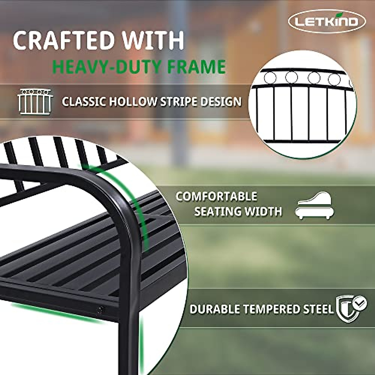 LETKIND 59" Outdoor Patio Bench w/Pullout Middle Table Garden Metal Benches Double Seat Porch Bench, Cast Tube Steel Frame Outside Black Bench for Backyard, Park, Deck, Lawn