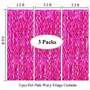Rose Red Wavy Tinsel Foil Fringe Curtains Backdrop for Pink Princess Birthday Decorations,Cowgirl Bachelorette Party Decorations(3 Pack 3.2 ft x 6.6 ft)