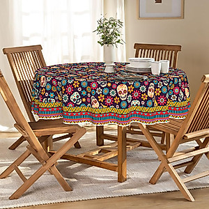 Horaldaily Dia de Muertos Tablecloth 70x70 Inch Round, Day of The Dead Mexico Sugar Skulls Washable Table Cover for Party Picnic Dinner Decor