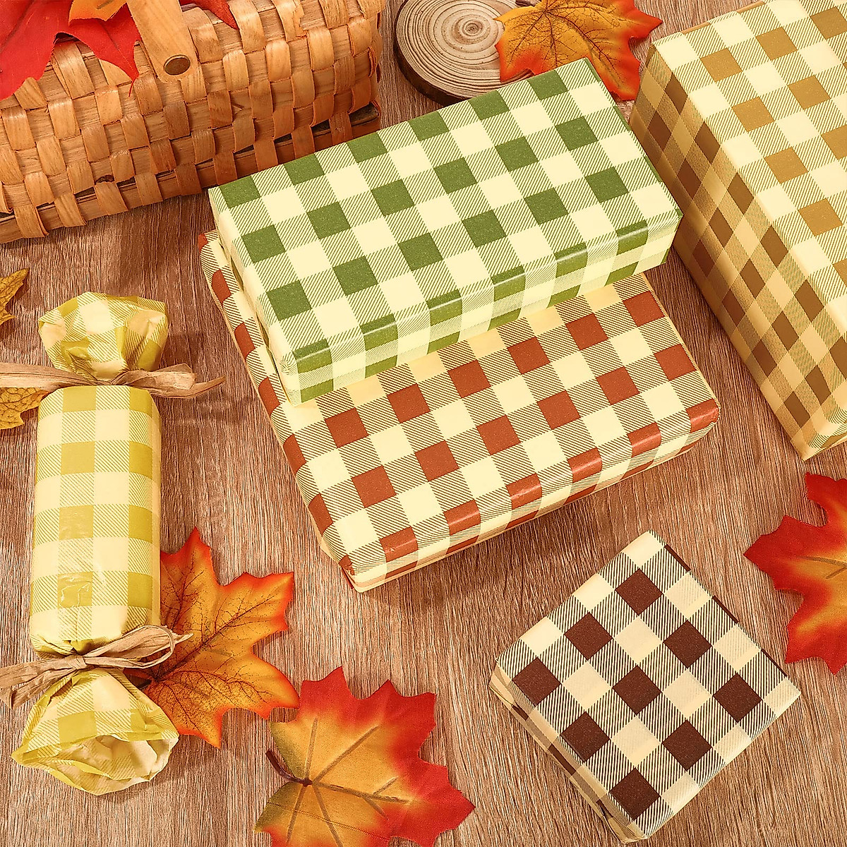 Whaline 100 Sheets Fall Tissue Paper Folded Flat Buffalo Plaid Wrapping Paper Thanksgiving Gift Wrapping Tissue Paper Art Paper for Home DIY Gift Bags Party Favor Autumn Birthday Decor, 14 x 20inch