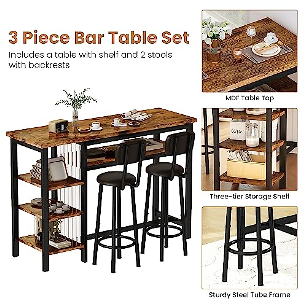 Recaceik Bar Dining Table Set, Modern Bar Table and Stools for 2, Kitchen Counter Height Dining Table Set with 4 Storage Shelves, PU Upholstered Stools Breakfast Nook Set Pub Table with Backrest