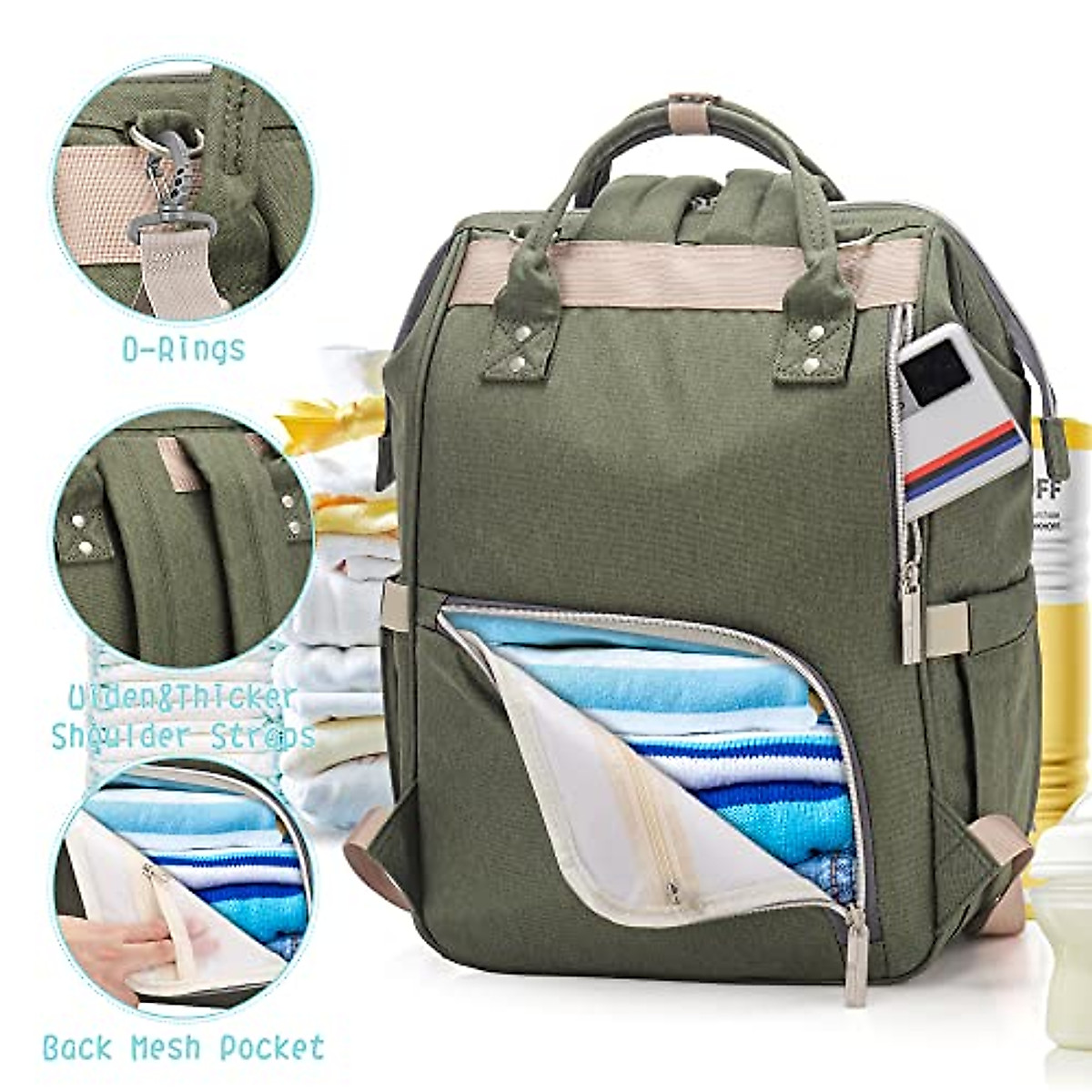 pipi bear Diaper Bag Backpack, Baby Bag for Mom Dad,Multifunction Large Diaper Backpack with Changing Pad,Water Resistant and Durable, Green