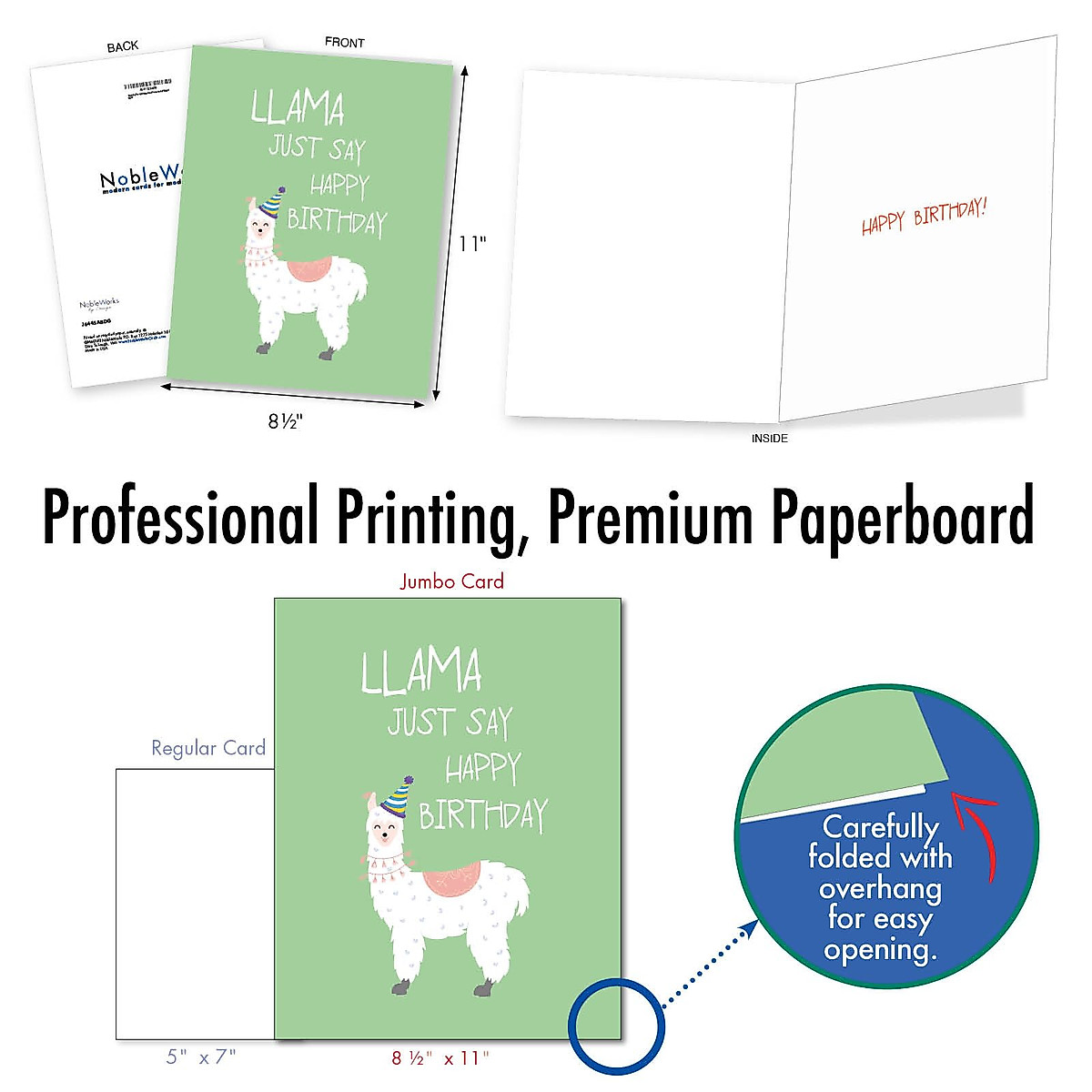 NobleWorks - Jumbo Birthday Greeting Card 8.5 x 11 Inch with Envelope (1 Pack) Big, Jumbo Bday Llama Just Say J6445ABDG