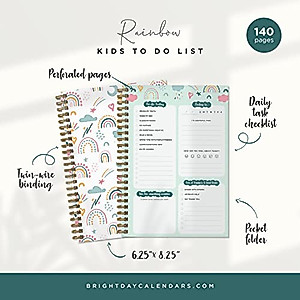 Kids To Do Chore List Daily Task Checklist Planner Time Management Notebook by Bright Day Non Dated Flex Cover Spiral Organizer 8.25 x 6.25 (Rainbows)