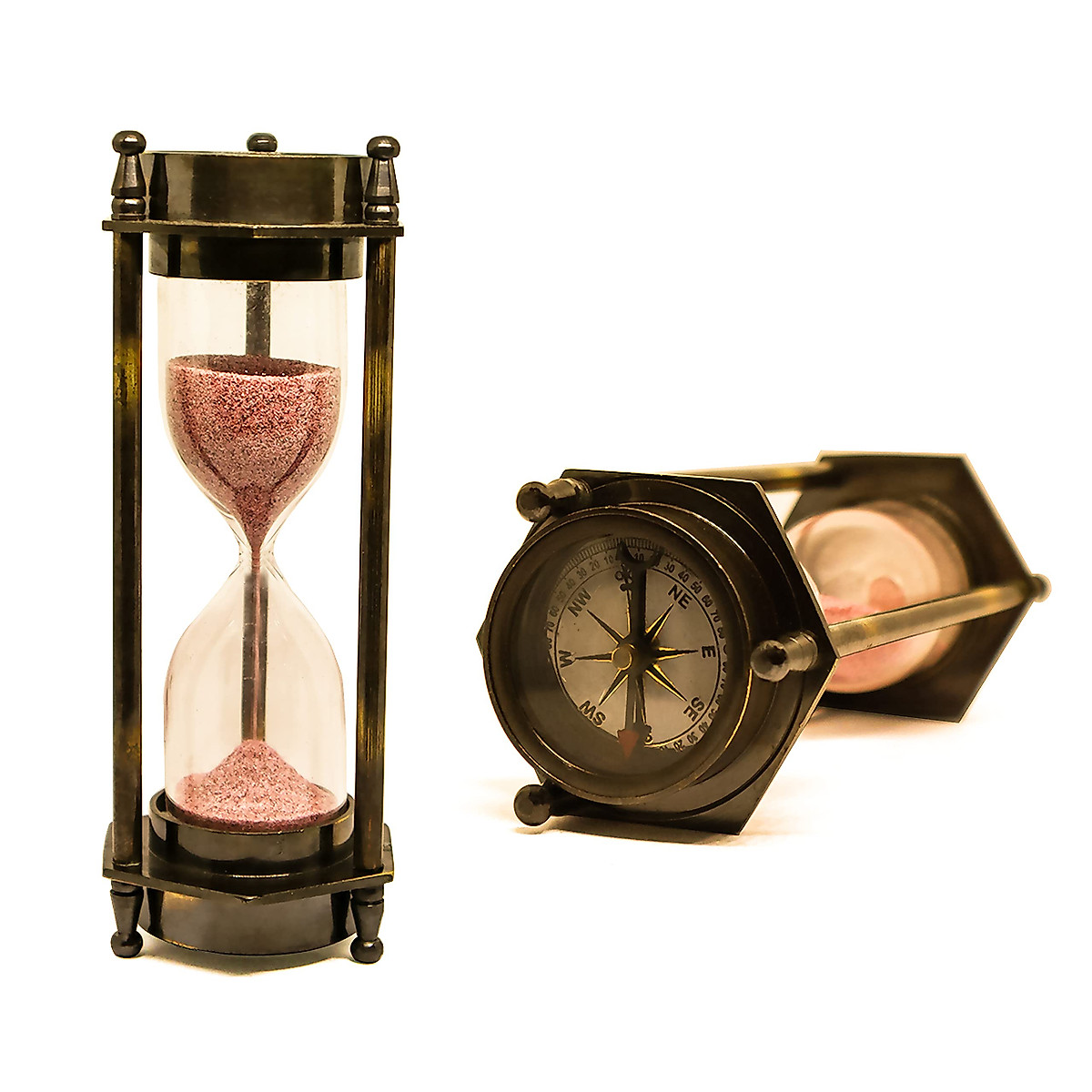 Dual Face Compass 5 Inch Antique 5 Minute Sand Timer Hourglass for Home Decor Gift