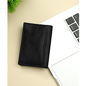 Leatherboss Genuine Leather Business Card Holder | Expandable Pocket, Credit Card & ID Slots | Stylish & Compact | Black