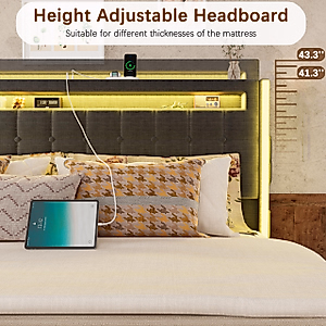 Dnxao Upholstered Queen Size Bed Frame with 4Storage Drawer,RGB LED Light,Charging Station,Adjustable Headboard,Slats Support,No Box Spring Needed,Dark Gray