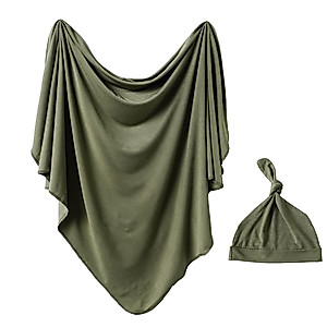 iEvolve Cotton Knitted Baby Swaddle Blanket with Hat Headband Set Newborn Swaddle Wrap Receiving Blankets for Baby Girl Boy 35" x 35"(OliverGreen)