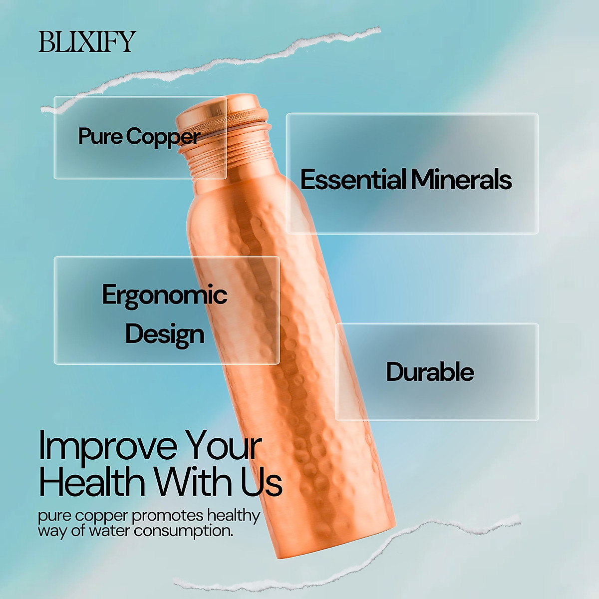 BLIXIFY Copper Water Bottle (34oz/1000ml) Handcrafted Ayurvedic 100% Pure Copper Water Bottle for Drinking | Heavy Duty, Leak-proof & Lab-Tested | Perfect for Everyday Use, Gifting, Travel