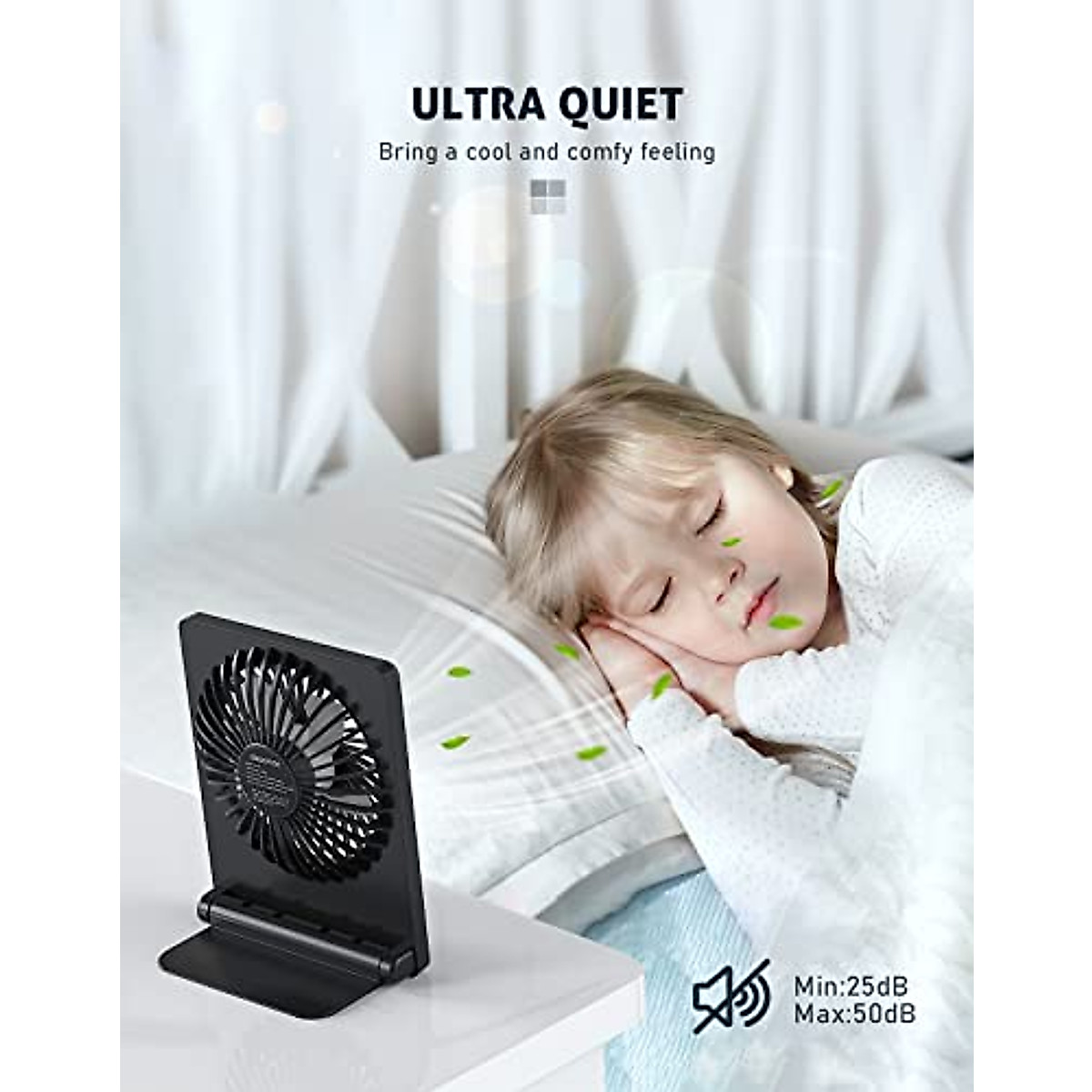 FARADAY Small Table Fans Rechargeable Portable 180°Tilt Folding Desk Fans Battery Operated Personal Fan Ultra Quiet For Home Bedroom Office Desktop, 3 Speeds (Black)